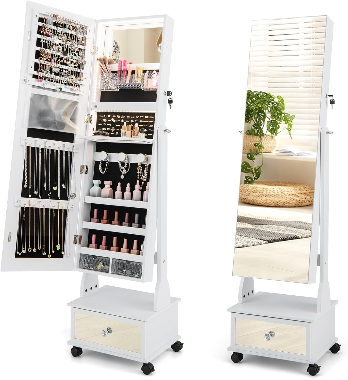 COSTWAY Schmuckschrank mit 3 Spiegeln, Schmuckspiegel verstellbar mit ...