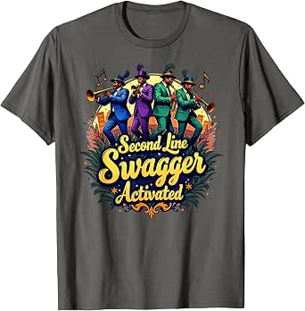 Amazon.com: Second Line Swagger Activated Mardi Gras Design T-Shirt ...