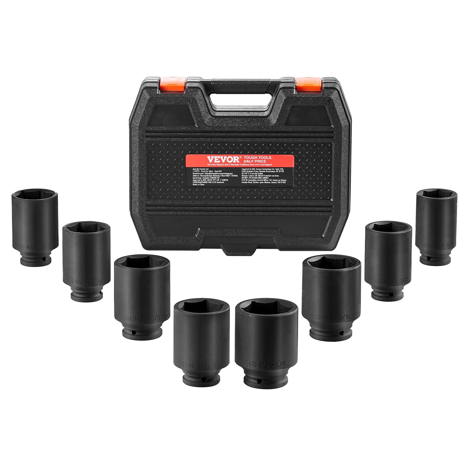 VEVOR Axle Nut Impact Socket Set, 3/4" Drive Deep 6-Point 8-Piece SAE ...
