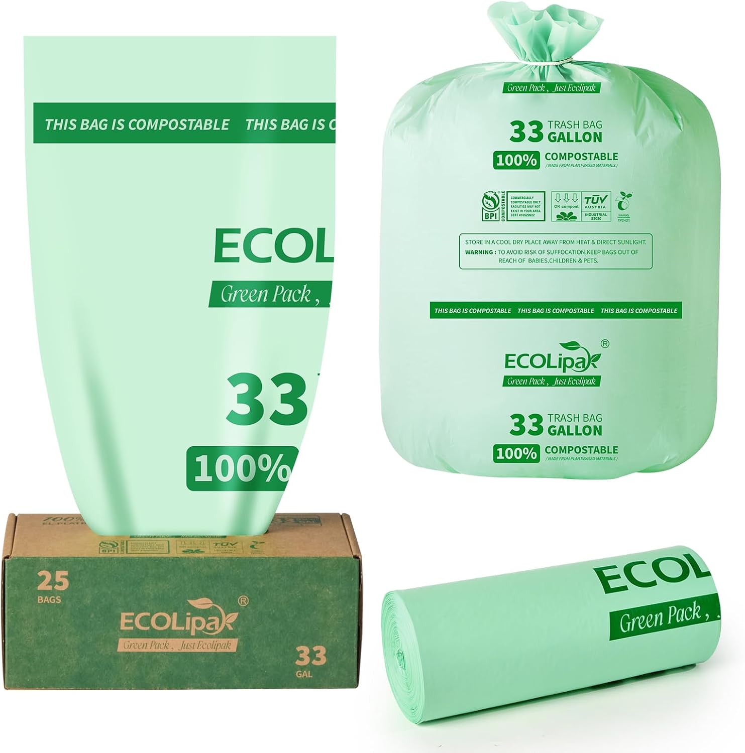 Amazon.com: ECOLipak 33 Gallon Compostable Trash Garbage Bags, 25 Count ...