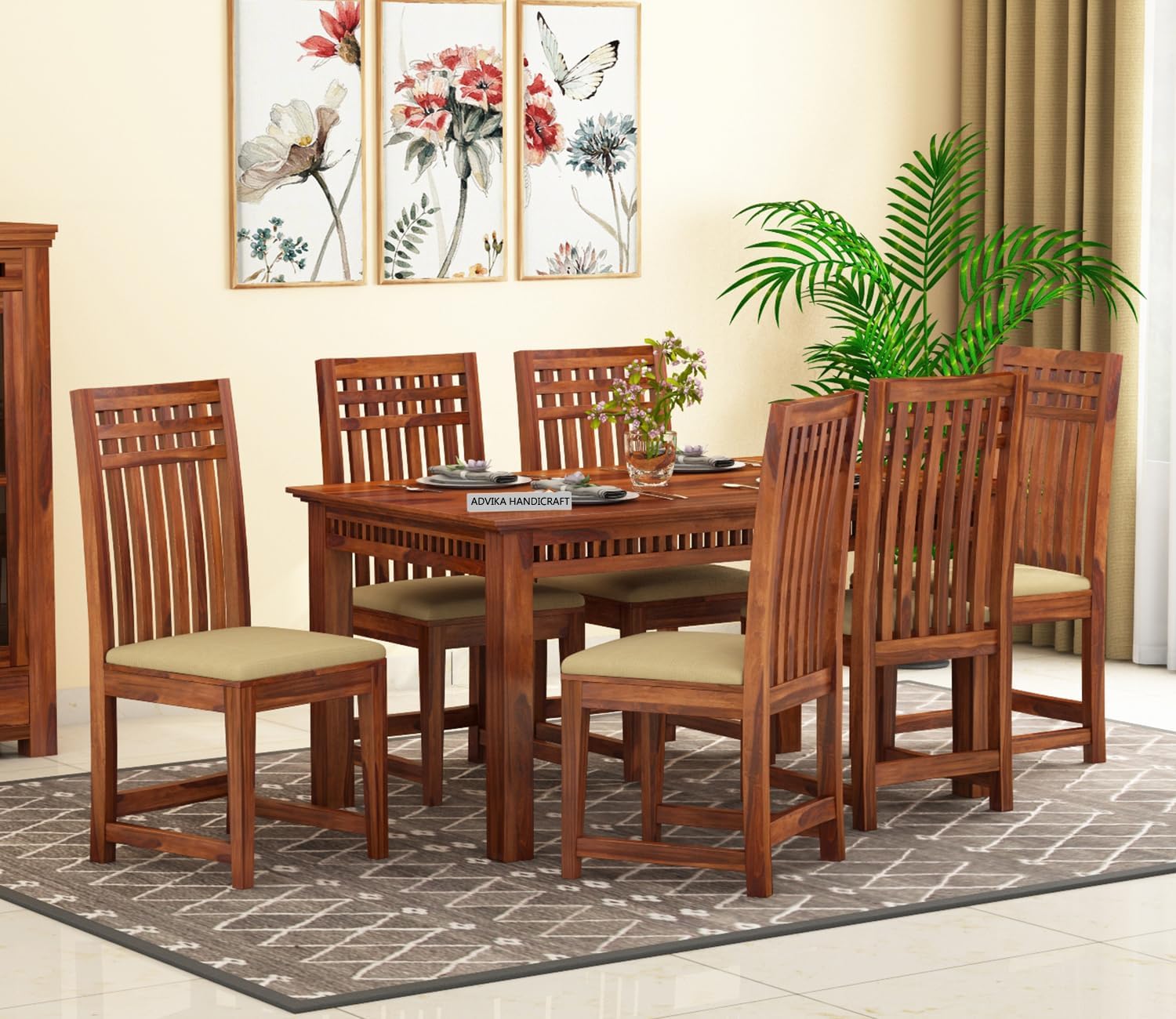 Advika Handicraft Sheesham Wood Alanis 6 Seater Dining Table Set Honey ...