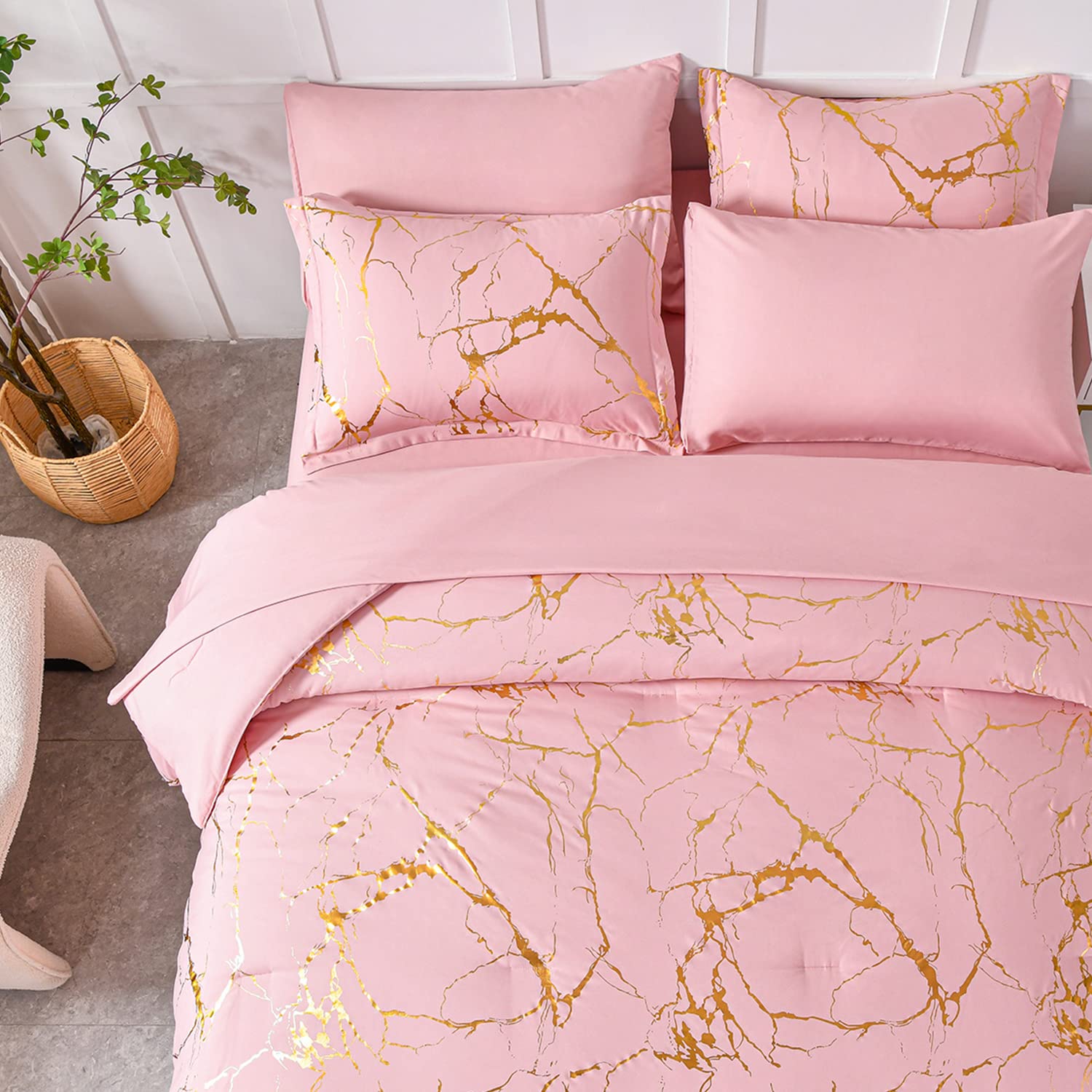 Yogeneg Gold Metallic Marble King Size Comforter Set,7 Piece Bed in a ...