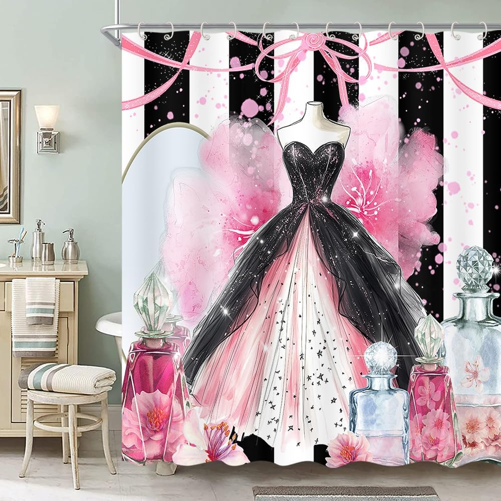 Amazon.com: Fashion Girly Shower Curtain, Pink and Black Luxury Ballet ...