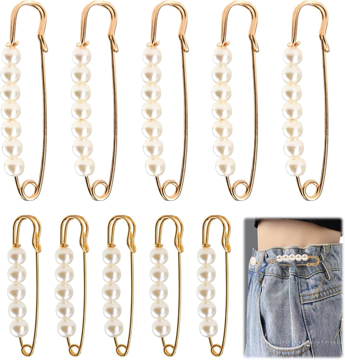 Gold Safety Pins for Clothes With Pearl 10pcs Large Safety Pins Strong ...