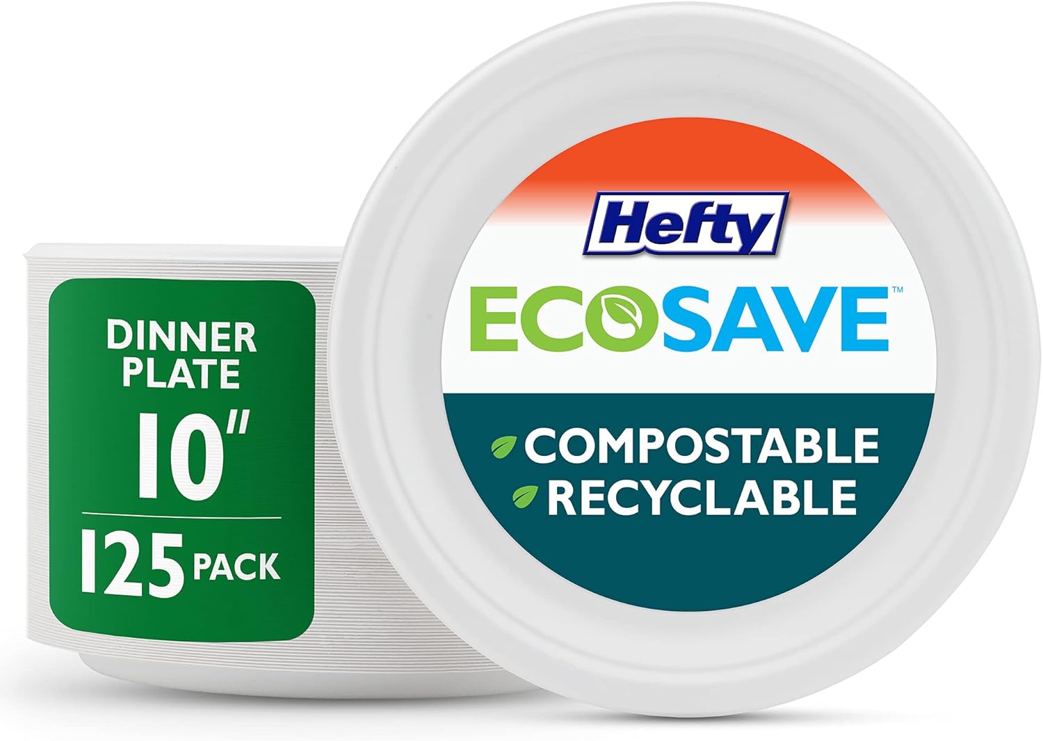 Hefty ECOSAVE Compostable Disposable Paper Plates Dinner 10", 125 Count ...