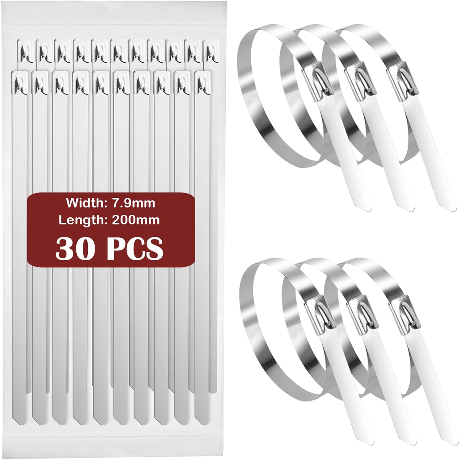 Fohirey 7.9×200mm Metal Cable Ties 30 Pcs, 304 Stainless Steel Zip Ties ...