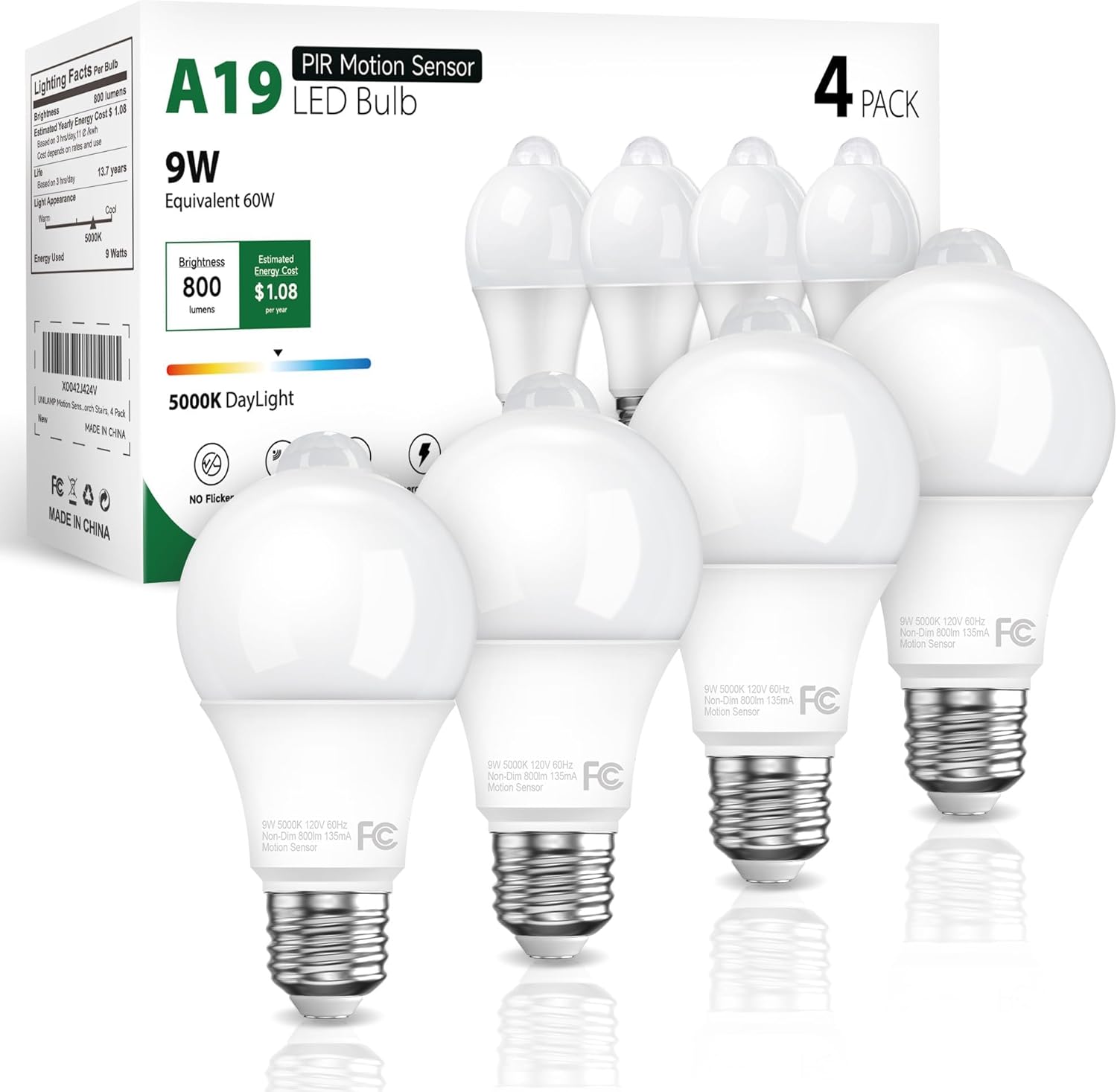 Motion Sensor Light Bulbs Outdoor, 9W (60 Watt Equivalent) 800LM, 4 ...