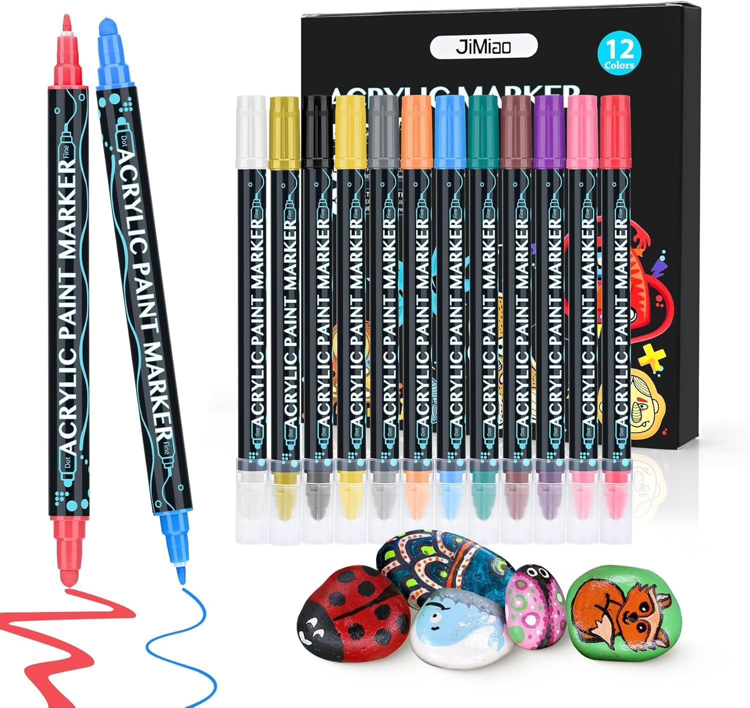 Tesmien Dual Tip 12 Colors Acrylic Paint Pens for Rock Painting,1-5mm ...