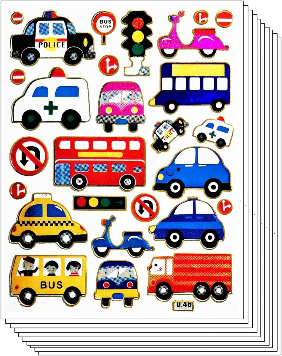 Paquete de 10 hojas de calcomanías con purpurina, tren, ambulancia ...