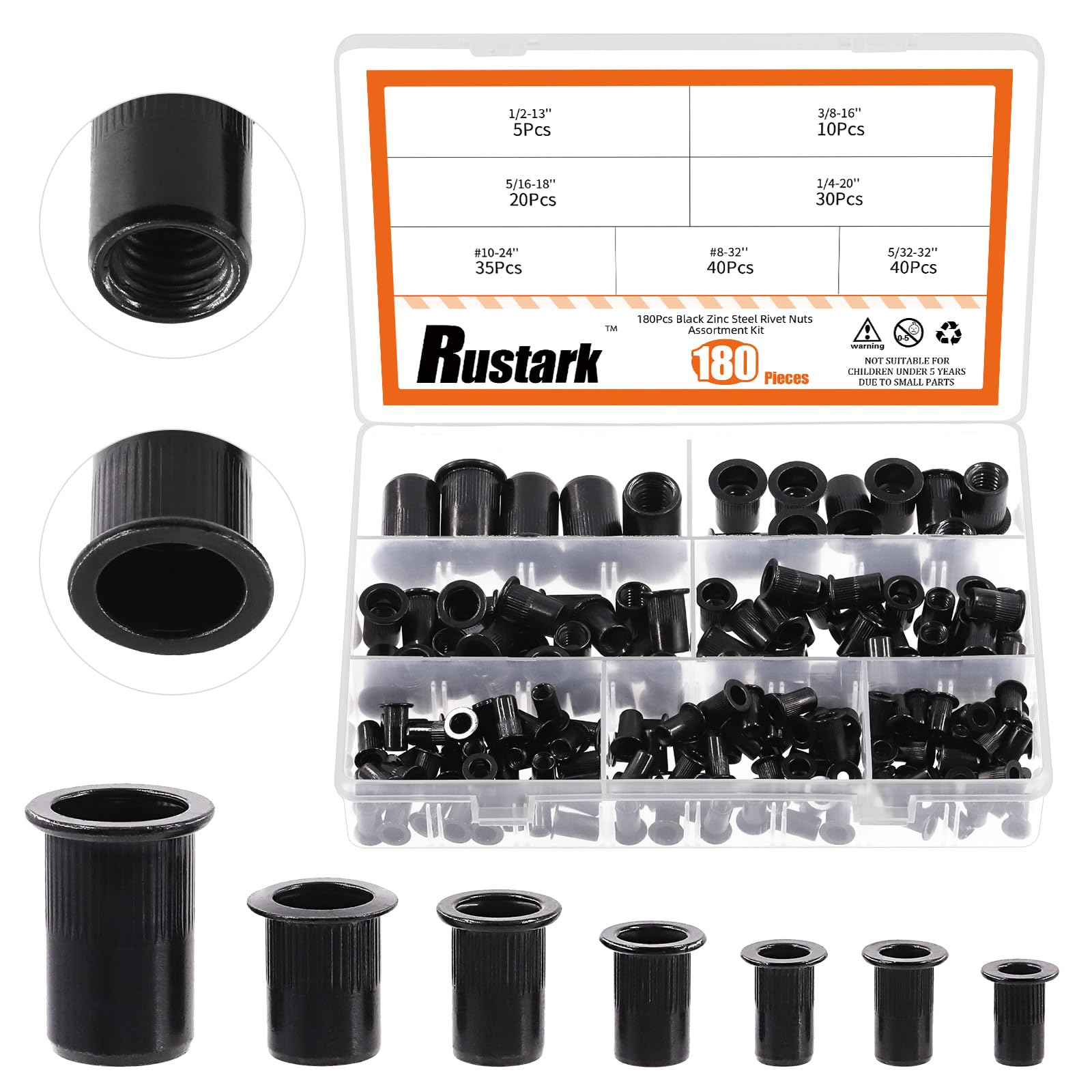 Snapklik.com : 180Pcs SAE Rivet Nuts Carbon Steel Black Zinc Plated ...