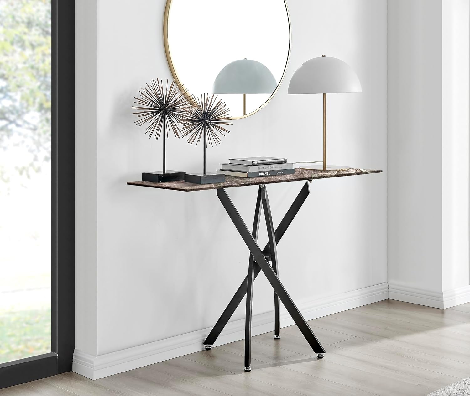 Furniturebox UK Leonardo Glass Grey Marble Effect Console Table - Semi ...
