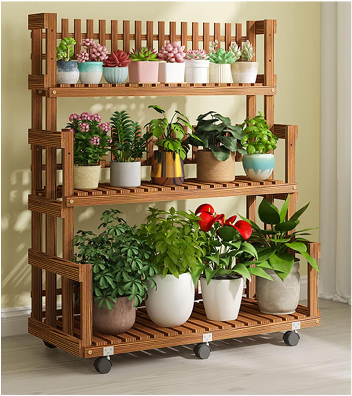 Amazon.com: Wooden Flower Stands Plant Display Rack with Wheels Large ...