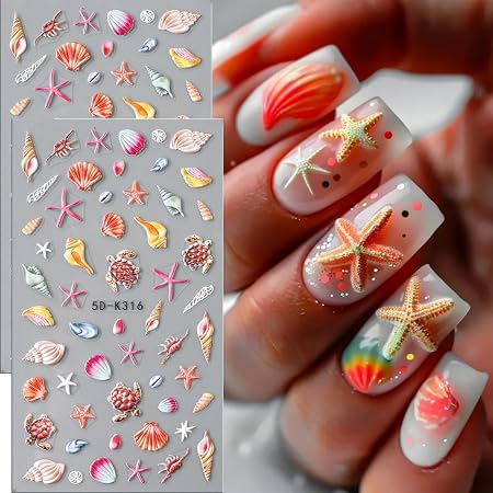 Amazon.com: 2PCS Ocean Style Nail Art Stickers 5D Embossed Seashell ...