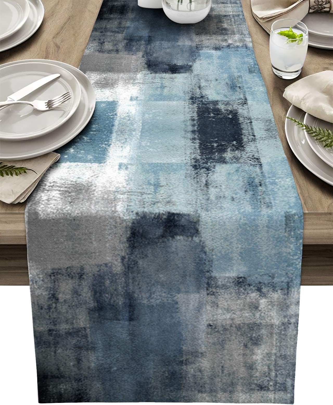 Amazon.com: Blue and Grey Table Runner,Abstract Modern Art Burlap Table ...