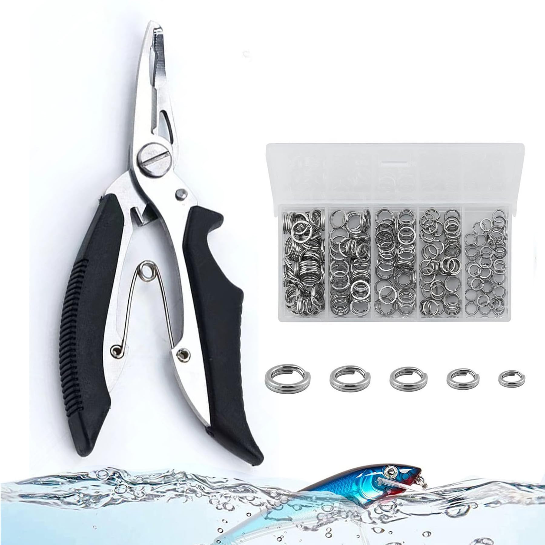 Snapklik.com : Alloygold Pack Of 201pcs Fishing Stainless Steel Split Rings 5 Sizes And Plier Set