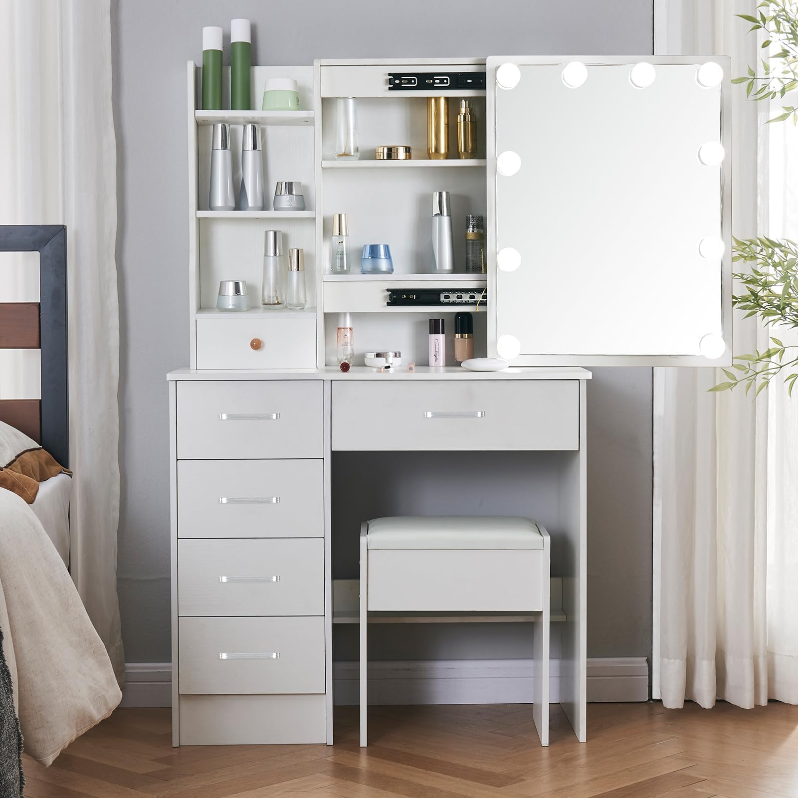 White Modern Vanity Desk Set with LED Sliding Mirror, Makeup Vanity ...