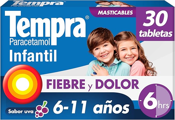 Tempra Tableta Masticable 160mg Fiebre y Dolor Sabor Uva Paracetamol ...