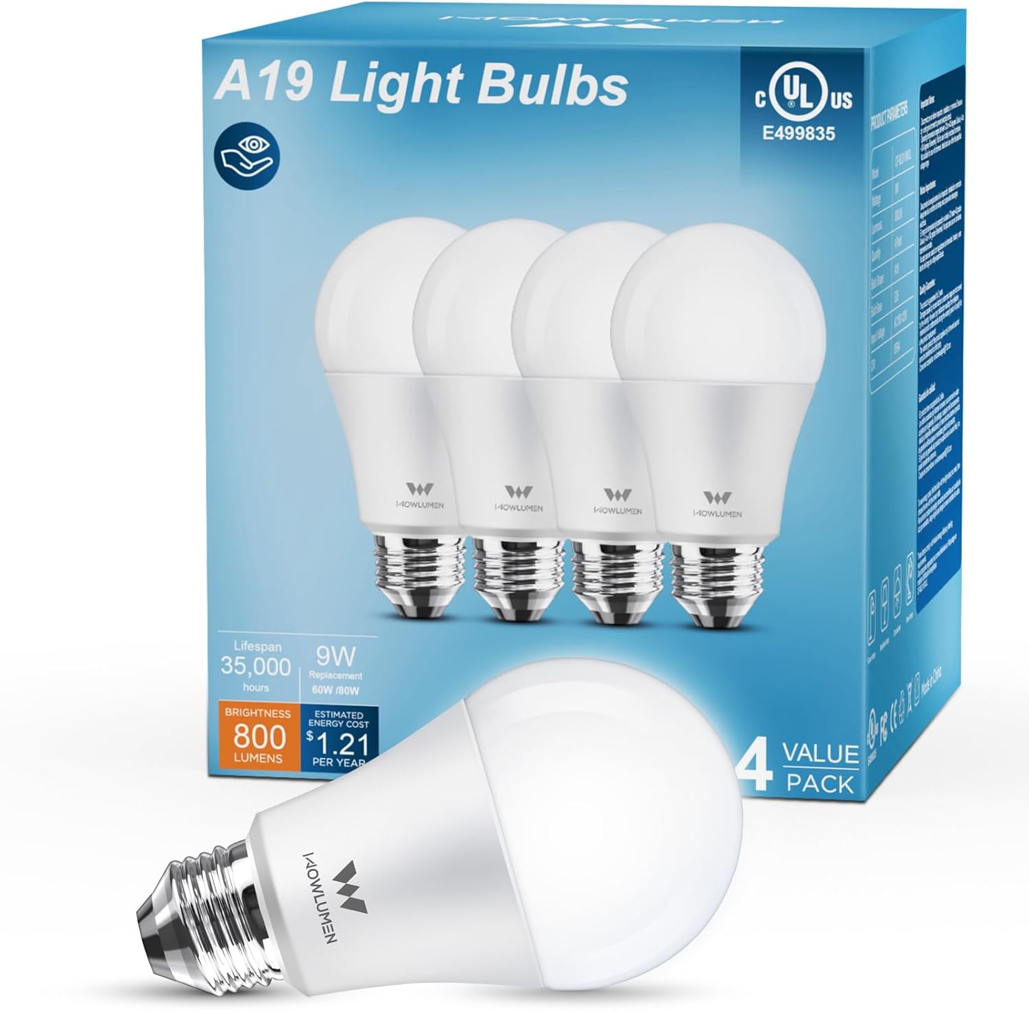 WOWLUMEN A19 LED Light Bulb, 9W E26 Lighting Bulbs(60 Watt Equivalent ...