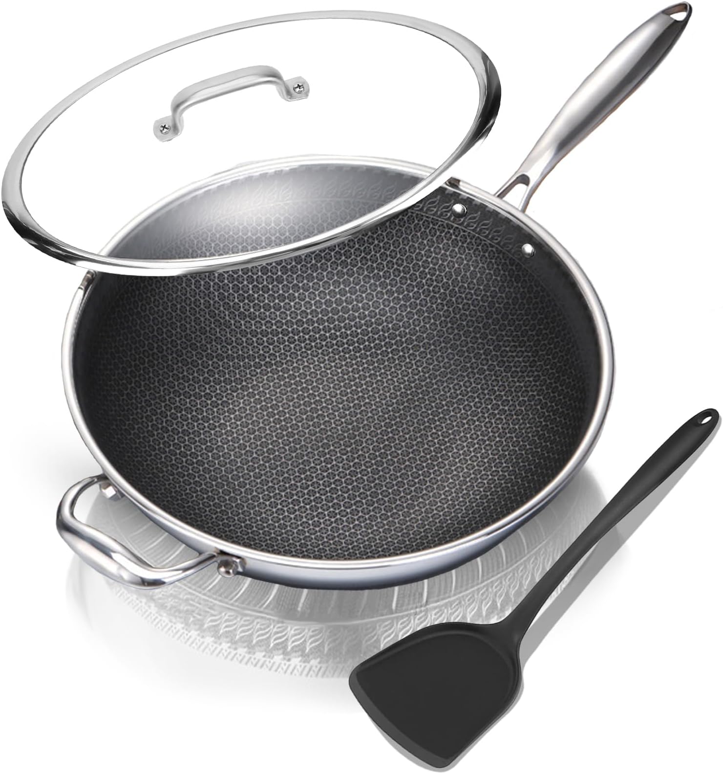 Wok Pan with lid,Hybrid 12.5 Inch Stainless Steel Honeycomb Work with ...