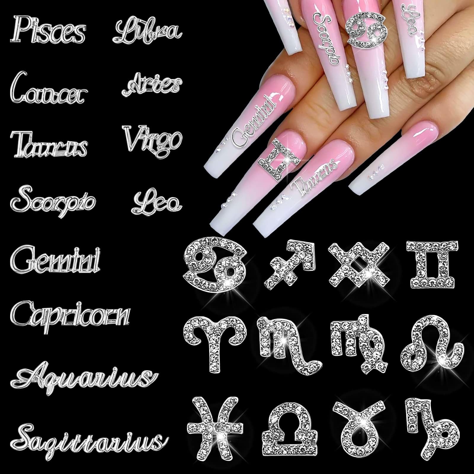 Amazon.com: JERCLITY 24pcs Silver Alloy Zodiac Nail Charms 12pcs Zodiac ...
