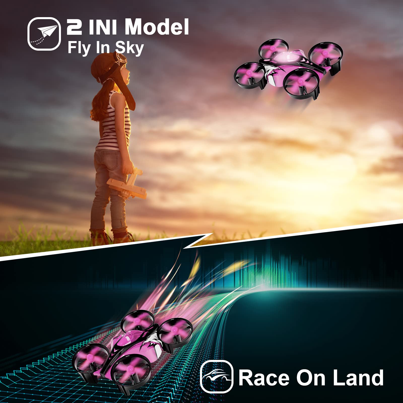 UNTEI 2 In 1 Mini Drone for Kids Remote Control Drone with Land Mode or ...