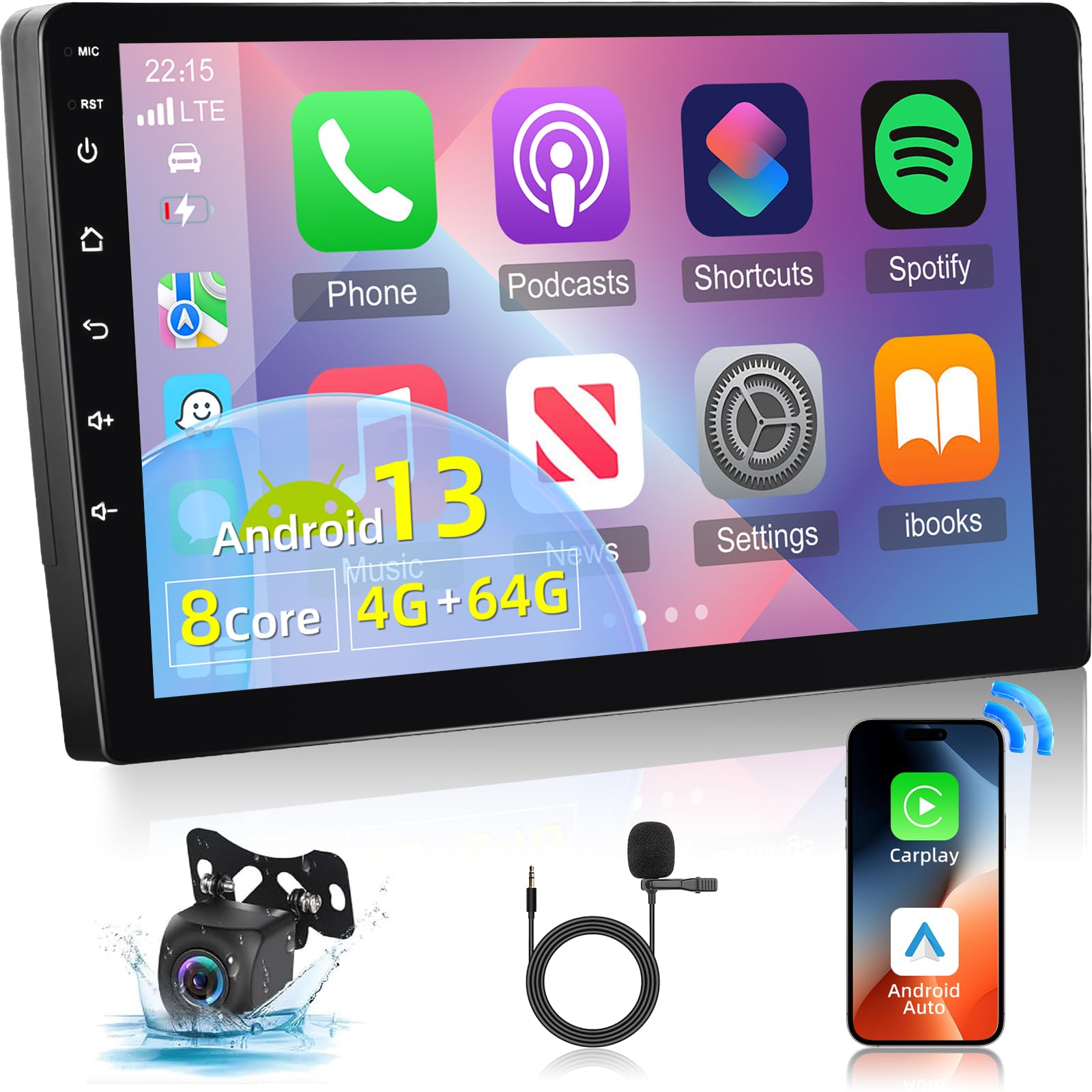 Amazon.com: EKAT 4G+64G 8Core Double Din Android Car Stereo with Wireless Apple Carplay ...