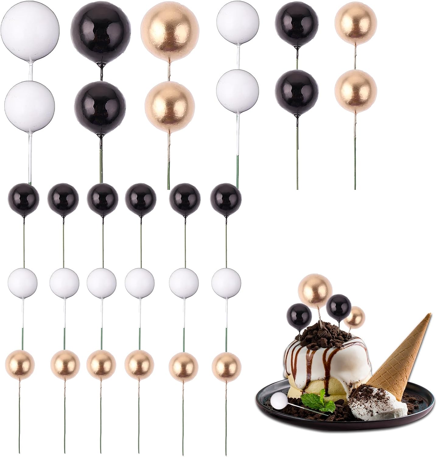 Amazon.com: Yolev 30Pcs Black White Gold Ball Cake Toppers Mini Balloon ...