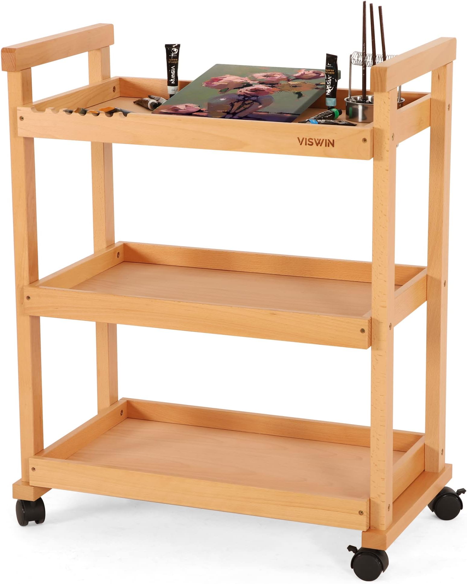 VISWIN 37" H Wood Storage Rolling Cart, Solid Beech Wood 3 Tier Rolling ...