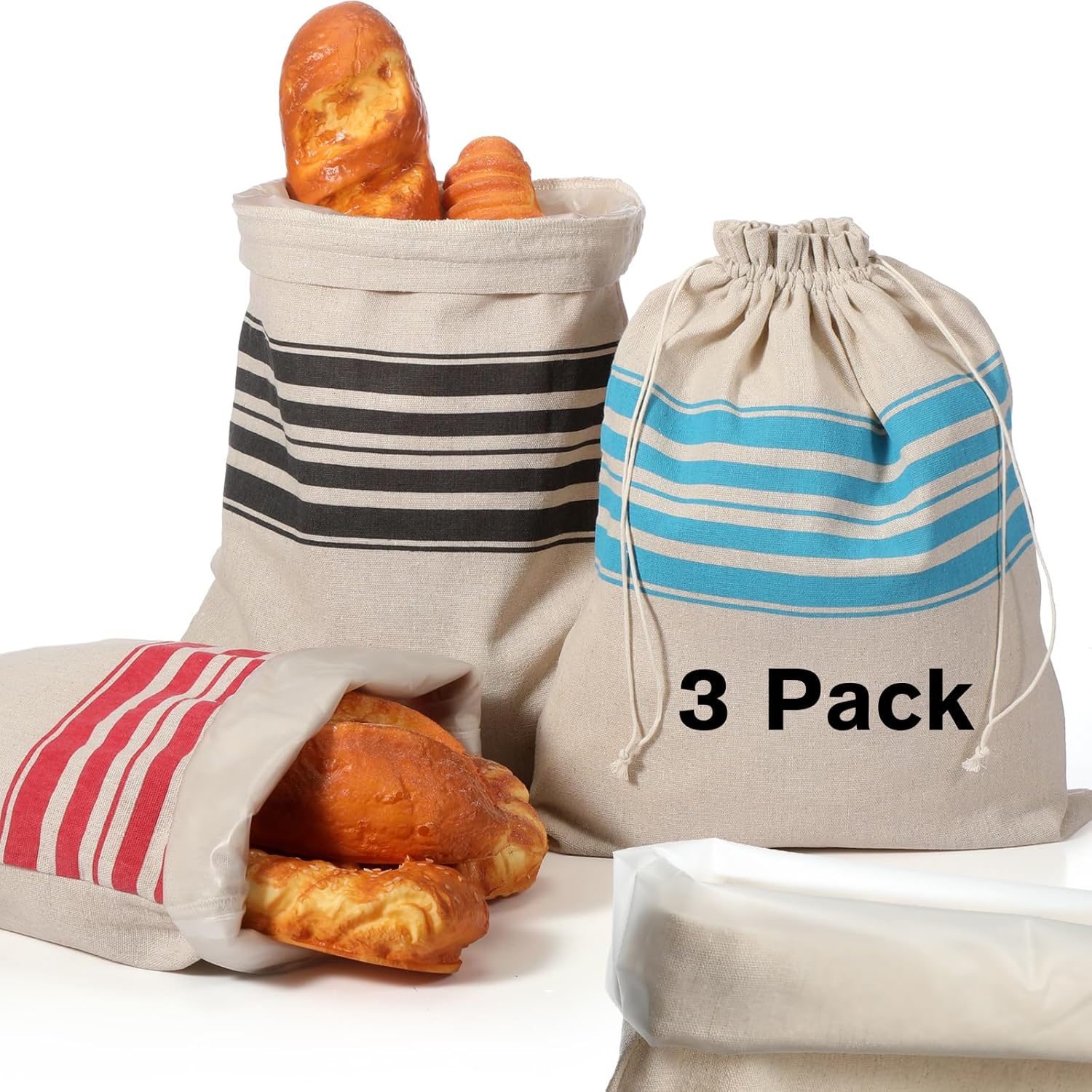 Amazon.com: Nitial 3 Pack Linen Bread Bags for Homemade Bread, 17" x 13 ...