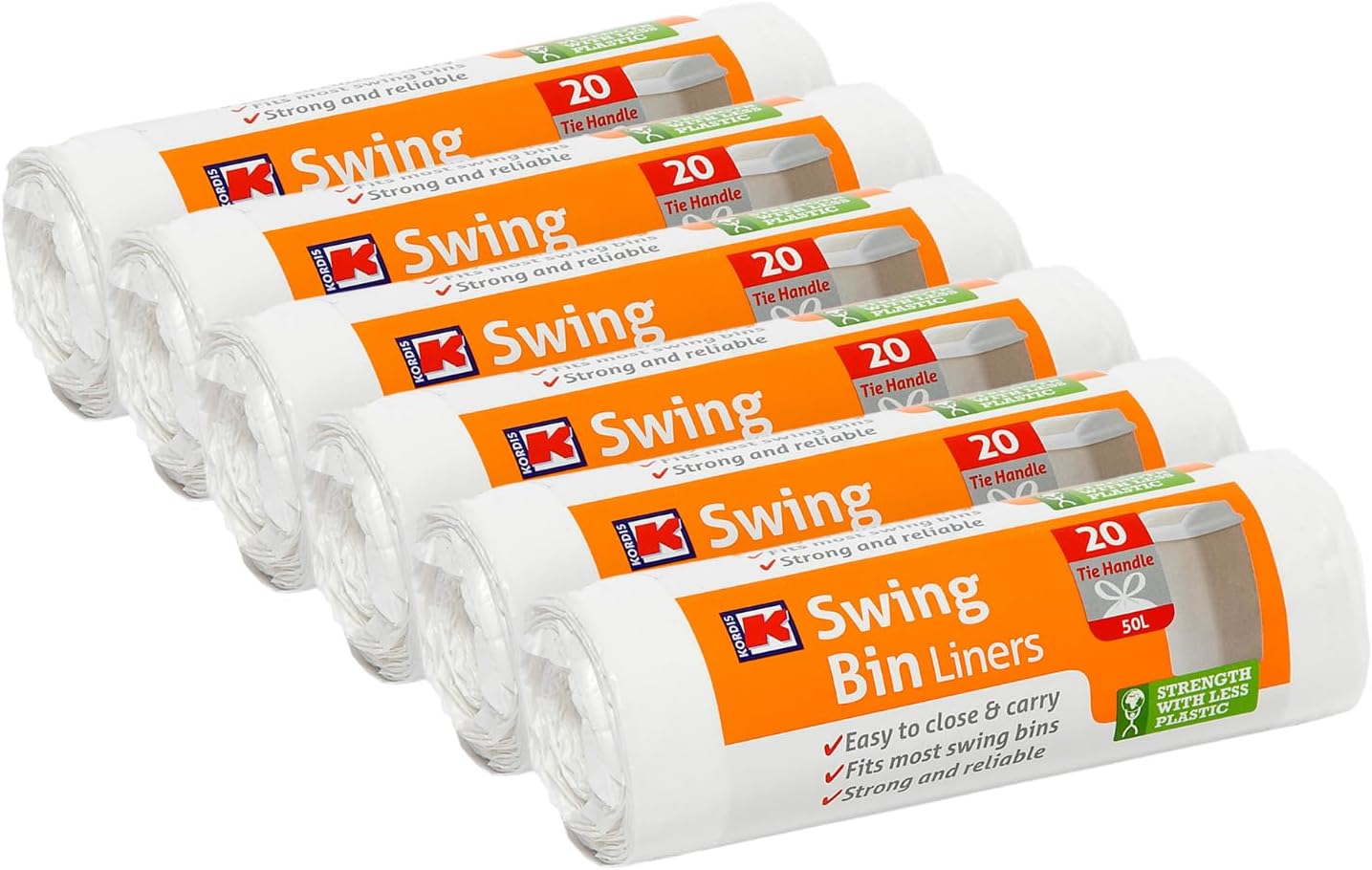 Kordis Strong Tie Handle Swing Bin Bag Liners - 6 Rolls x 20 Bags. 50L ...