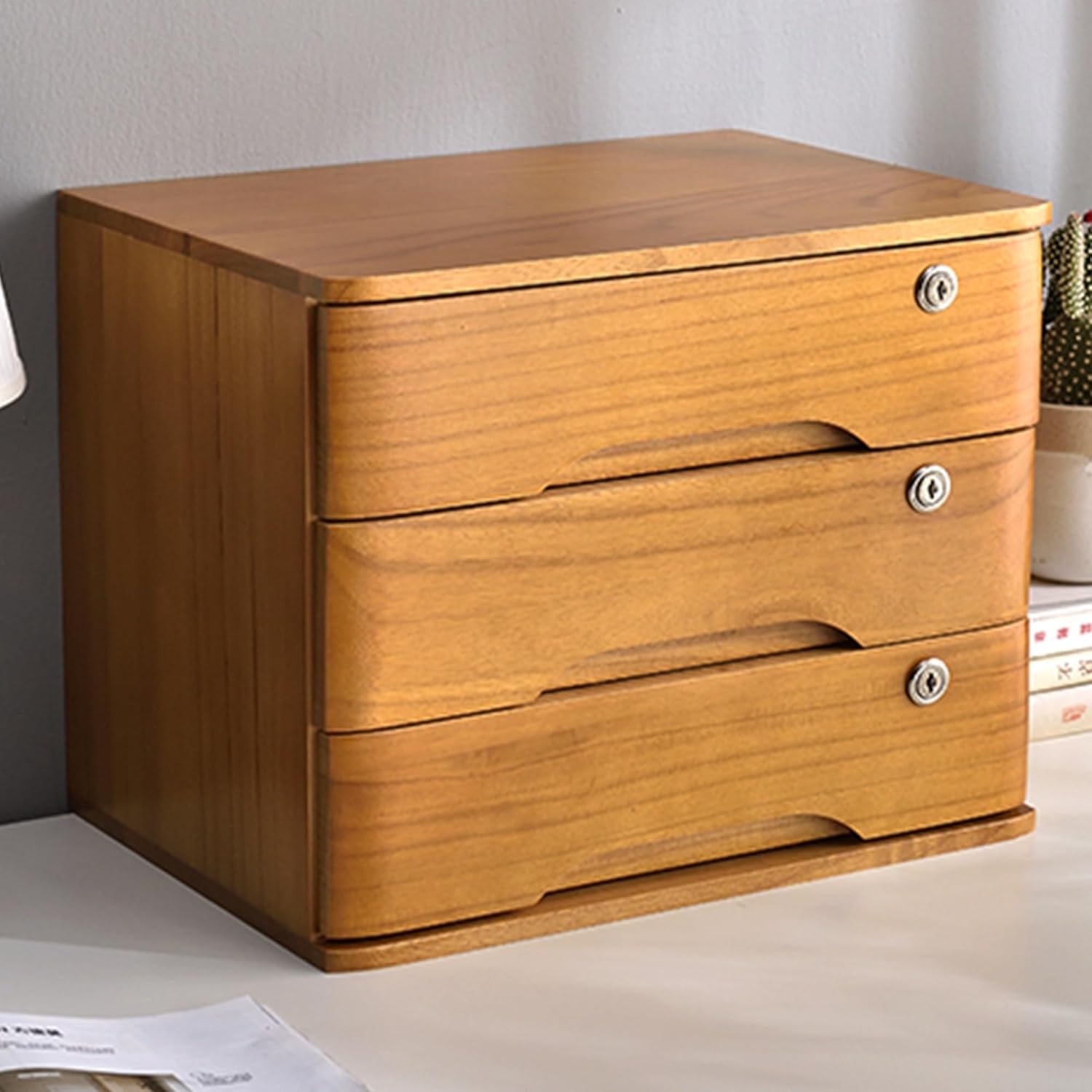 Lockable desktop file storage box, desktop solid wood file box, 1/2/3/4 ...