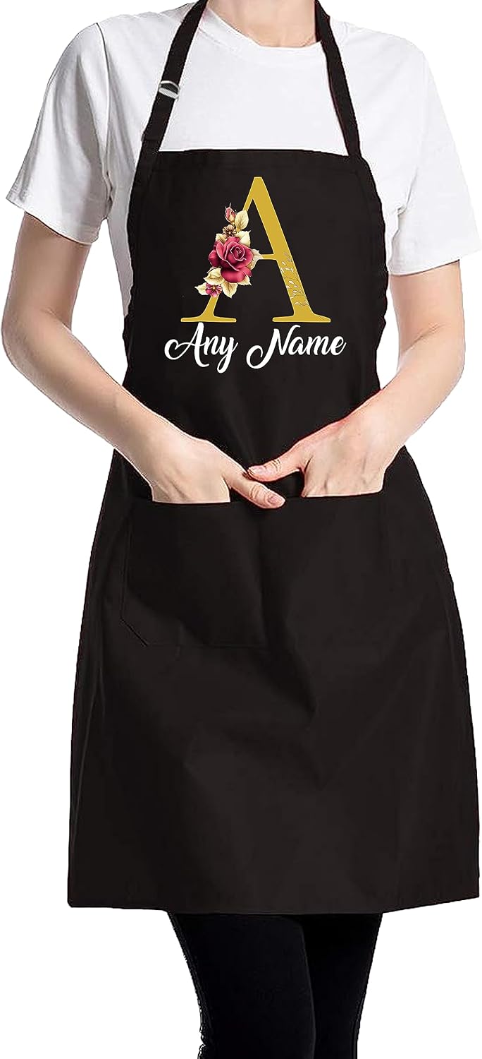 PB TECH Personalised Apron - Floral Gold Initial and Name Customisable ...