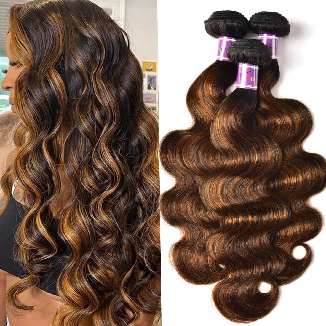 Amazon.com : UNICE Brown Highlight Body Wave Human Hair Weave 3 Bundles ...