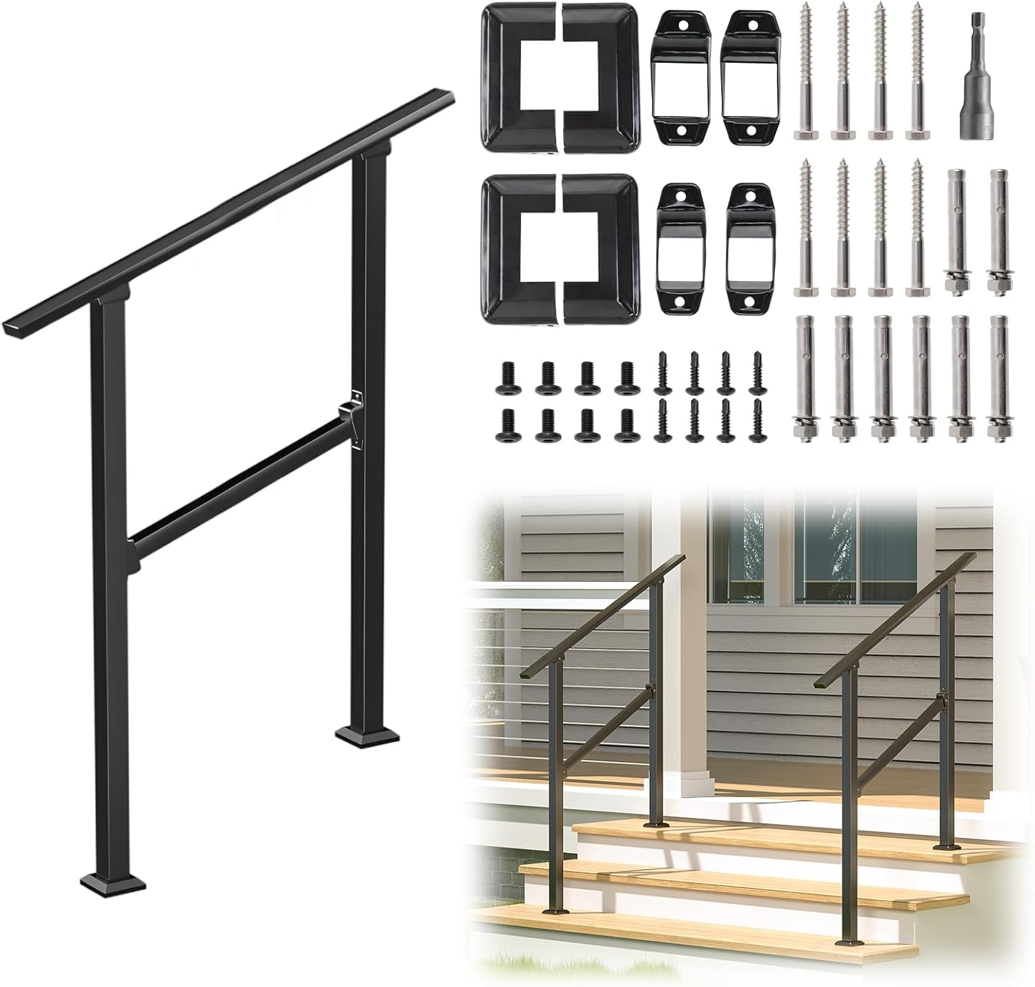 Muzata 3 Step Handrail for Outdoor Stair Black Wrought Iron Stair ...