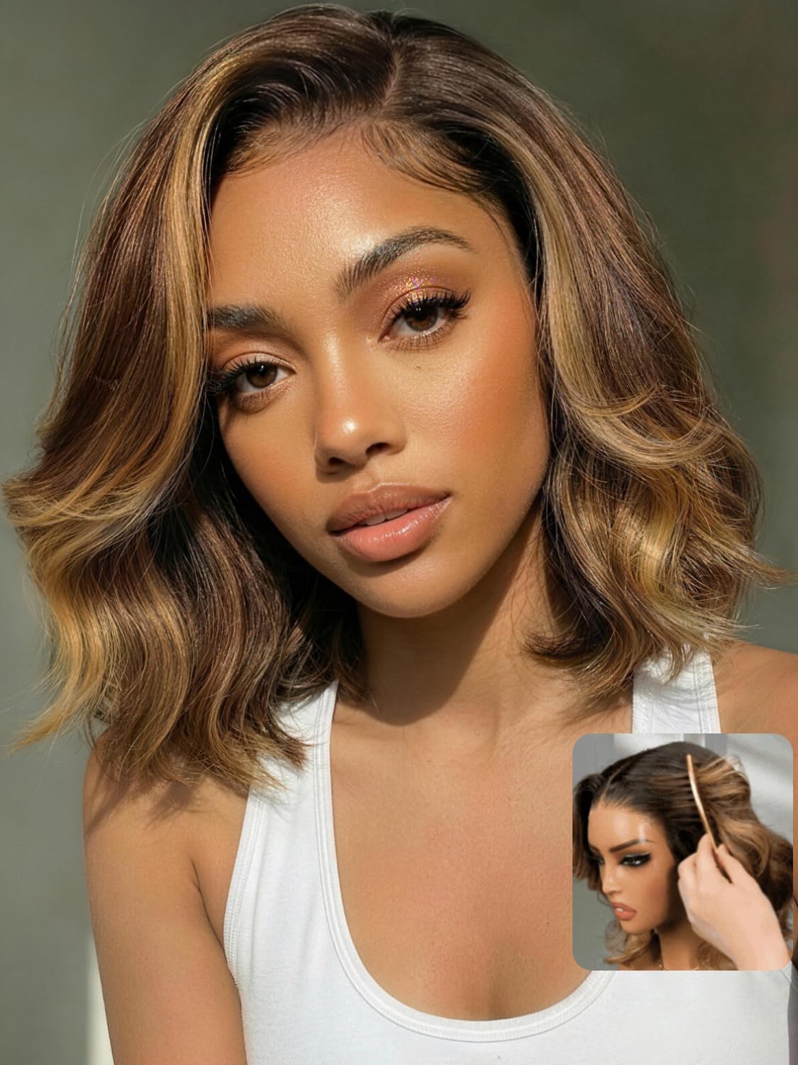 Amazon.com : UNICE Human Hair Short Wavy Bob Wig Side Part, 7x5 ...