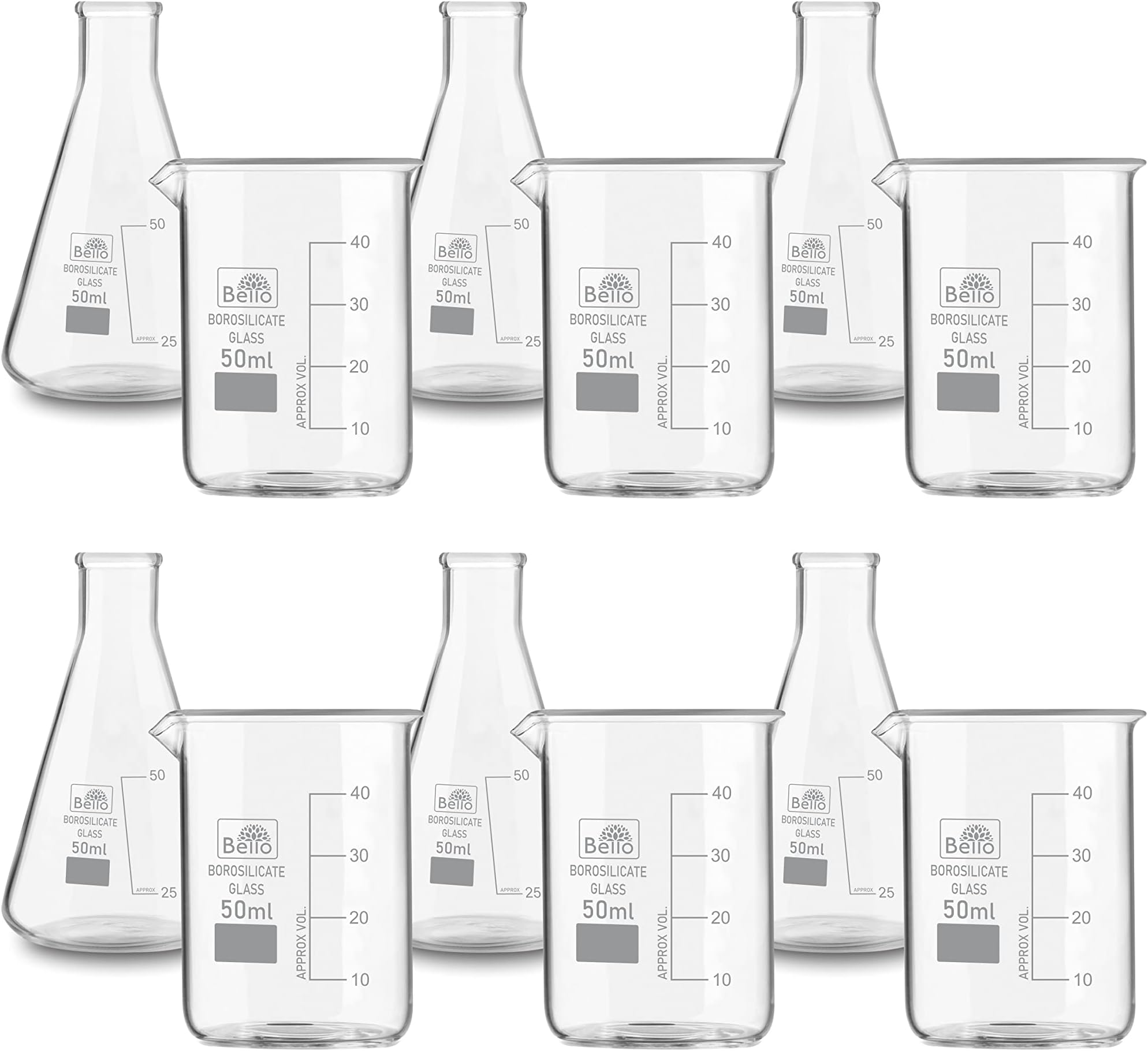 Bello Borosilicate 3.3 Glass Combo of Beaker and Conical Flask 50 ml ...