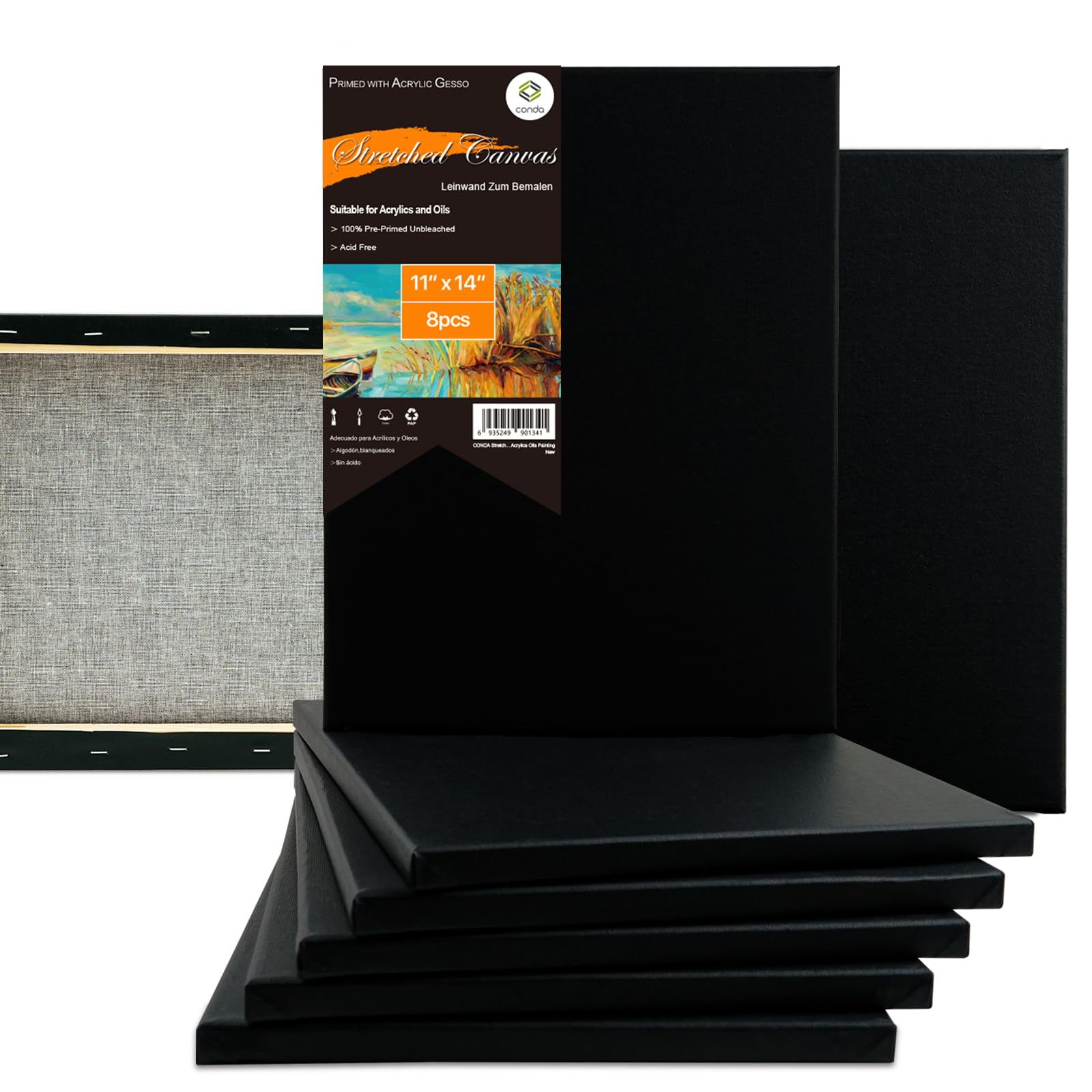 Amazon.com: CONDA Black Stretched Canvas 11x14 inch 8 Pack Canvases for ...
