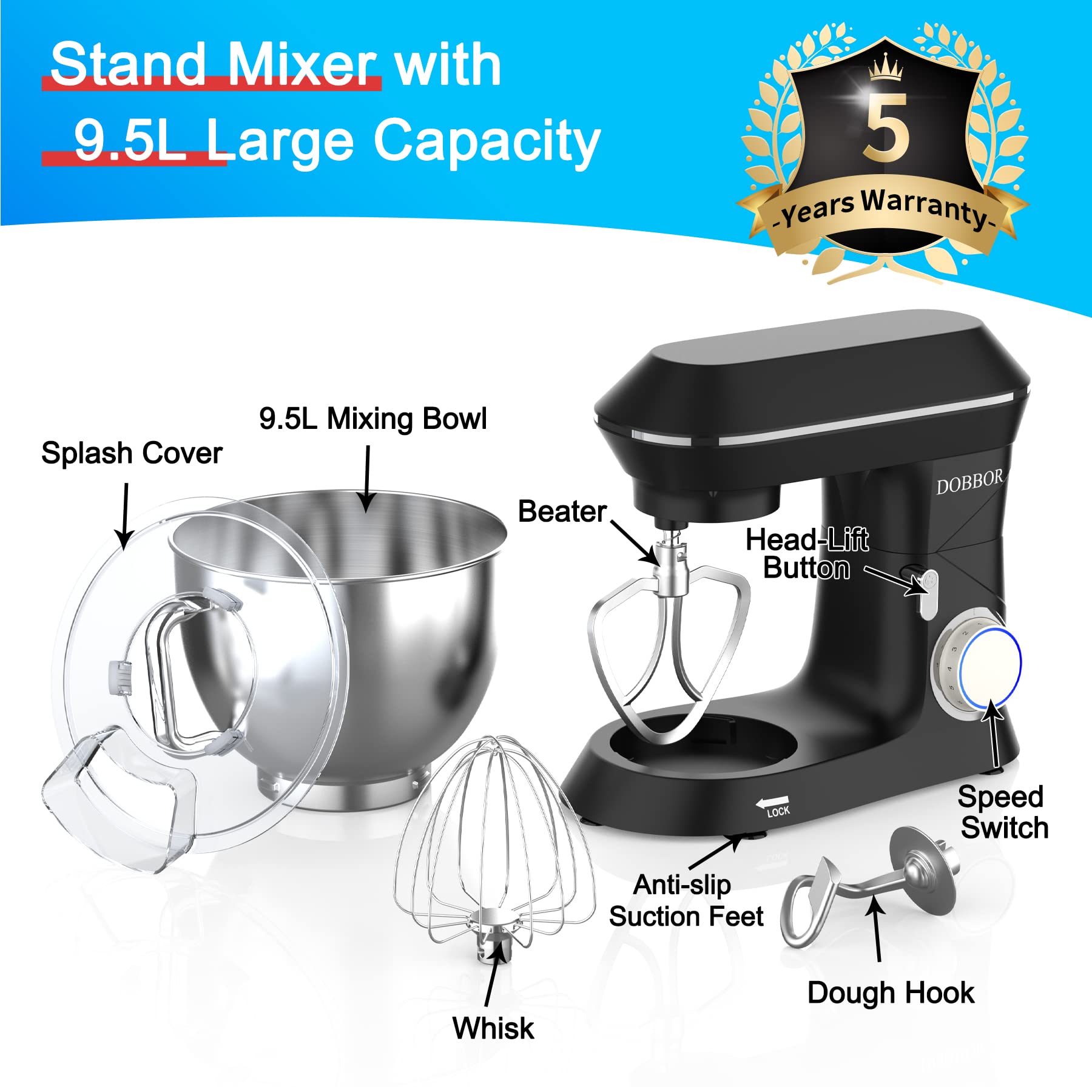 9.5QT Stand Mixer, DOBBOR 660W 7 Speeds Tilt-Head Kitchen Mixers, Food ...