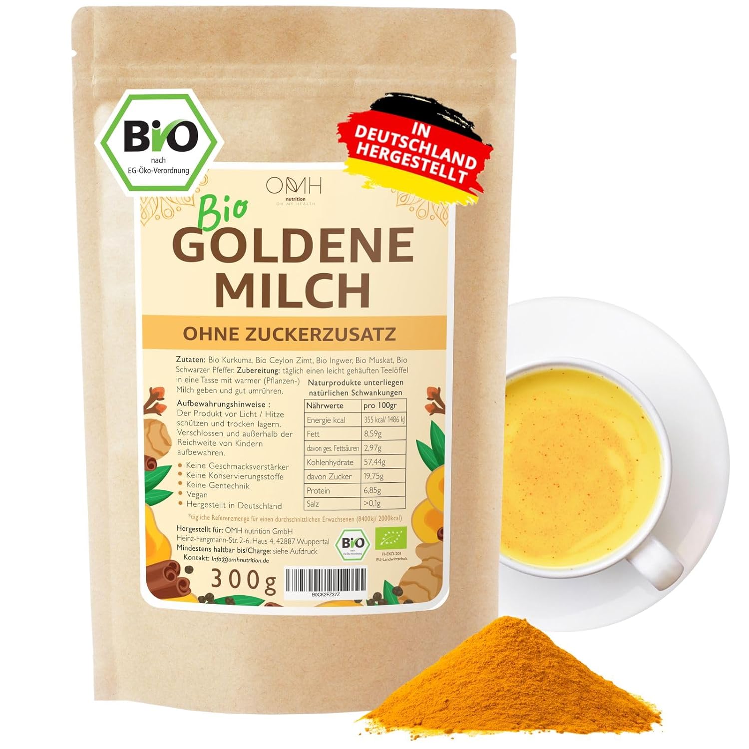 Goldene Milch Bio zuckerfrei Mix 300g ohne Zuckerzusatz Kurkuma Zimt ...
