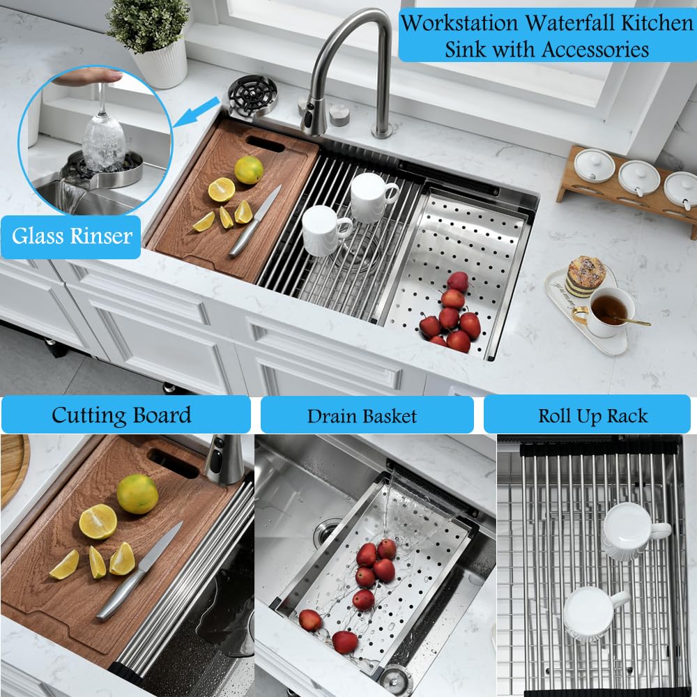 33 Inch Undermount Waterfall Kitchen Sink with Faucet Combo-Bokaiya ...