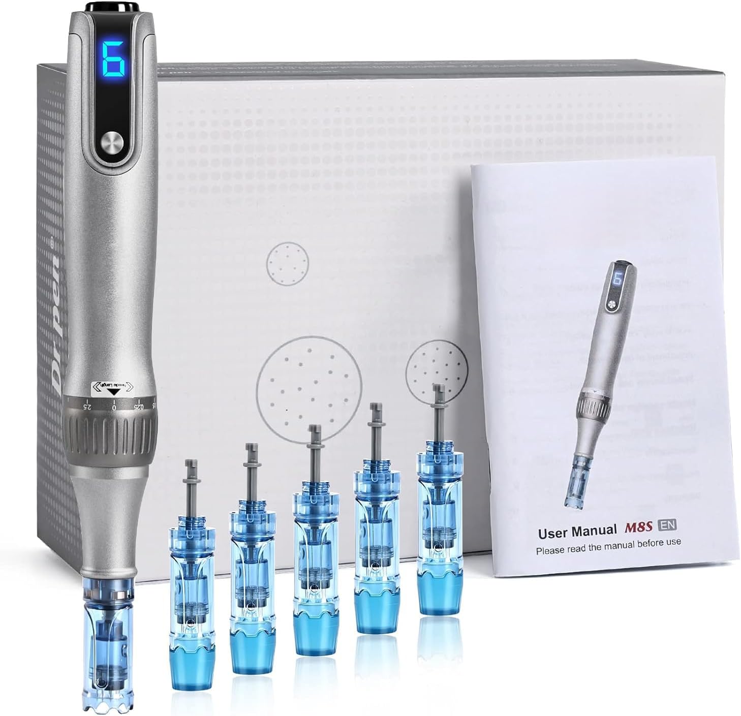 Professional Dermapen M8s Microneedling Pen with 6 Replacement Cartridges (3 x 12 Pin + 3 x 36 ...