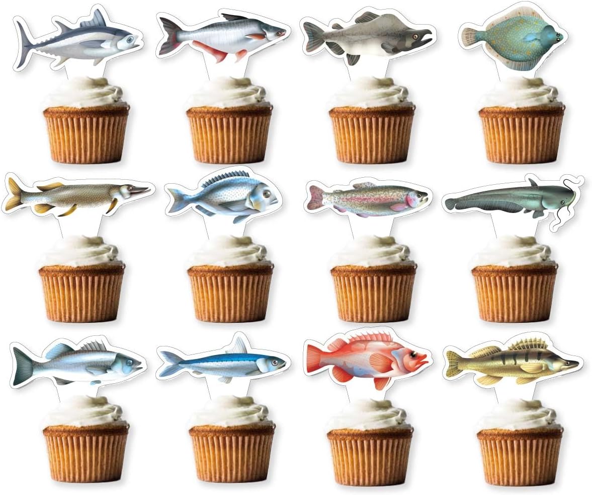 Amazon.com: 24PCS Fish Cupcake Topper Go Fishing Birthady Cake ...