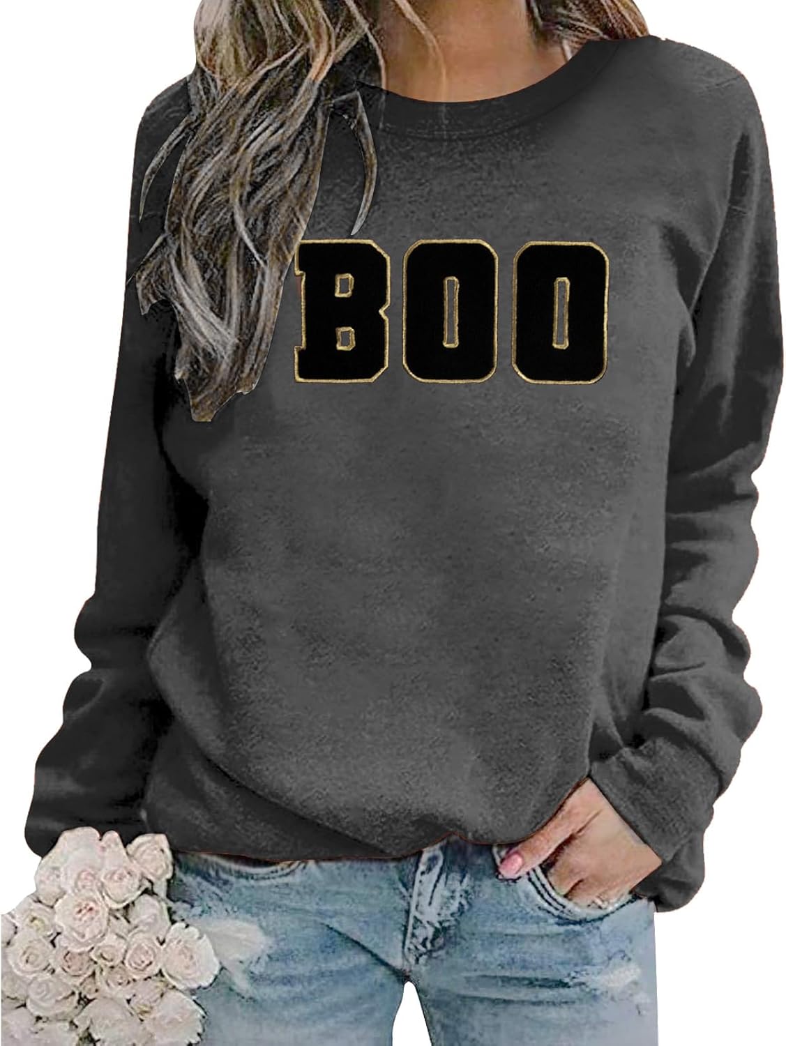 Amazon.com: MYHALF Halloween Embroidered Sweatshirt Women Boo Sweatshirts Halloween Spooky ...