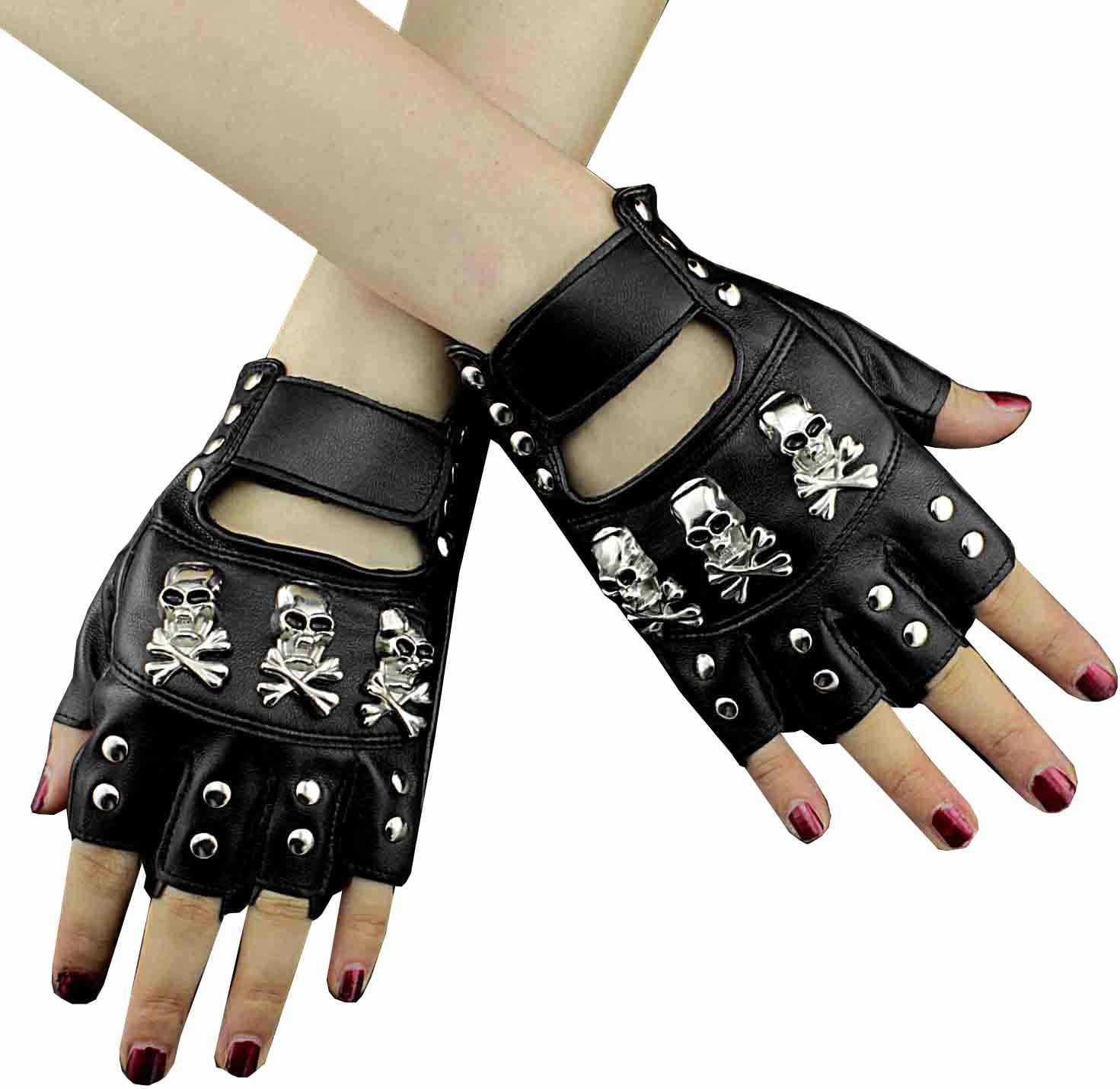 Cool Three Skull Studded Punk Rock Biker Womens Fingerless Leather ...