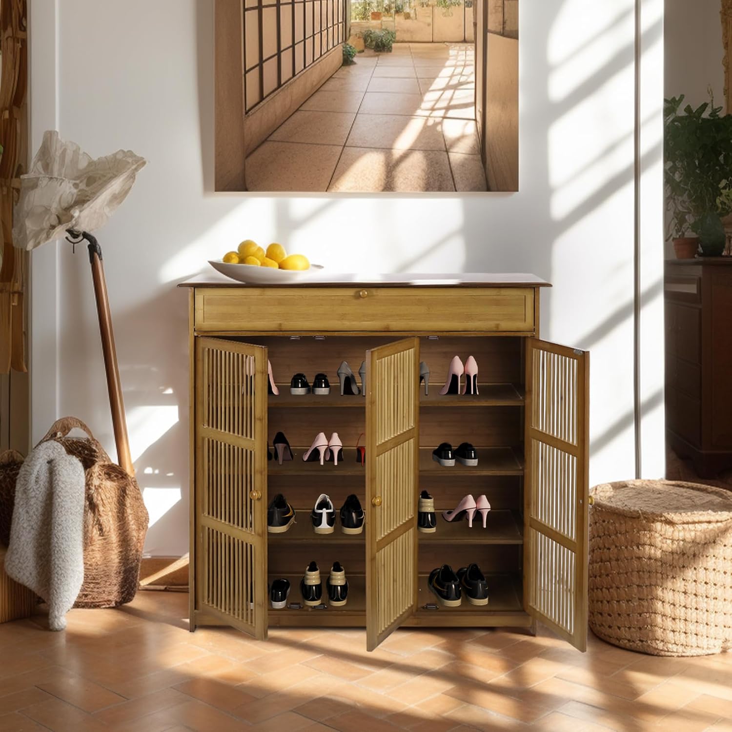 Amazon.com: BORWART Shoe Storage Cabinet with Doors : 4 Tier Bamboo ...