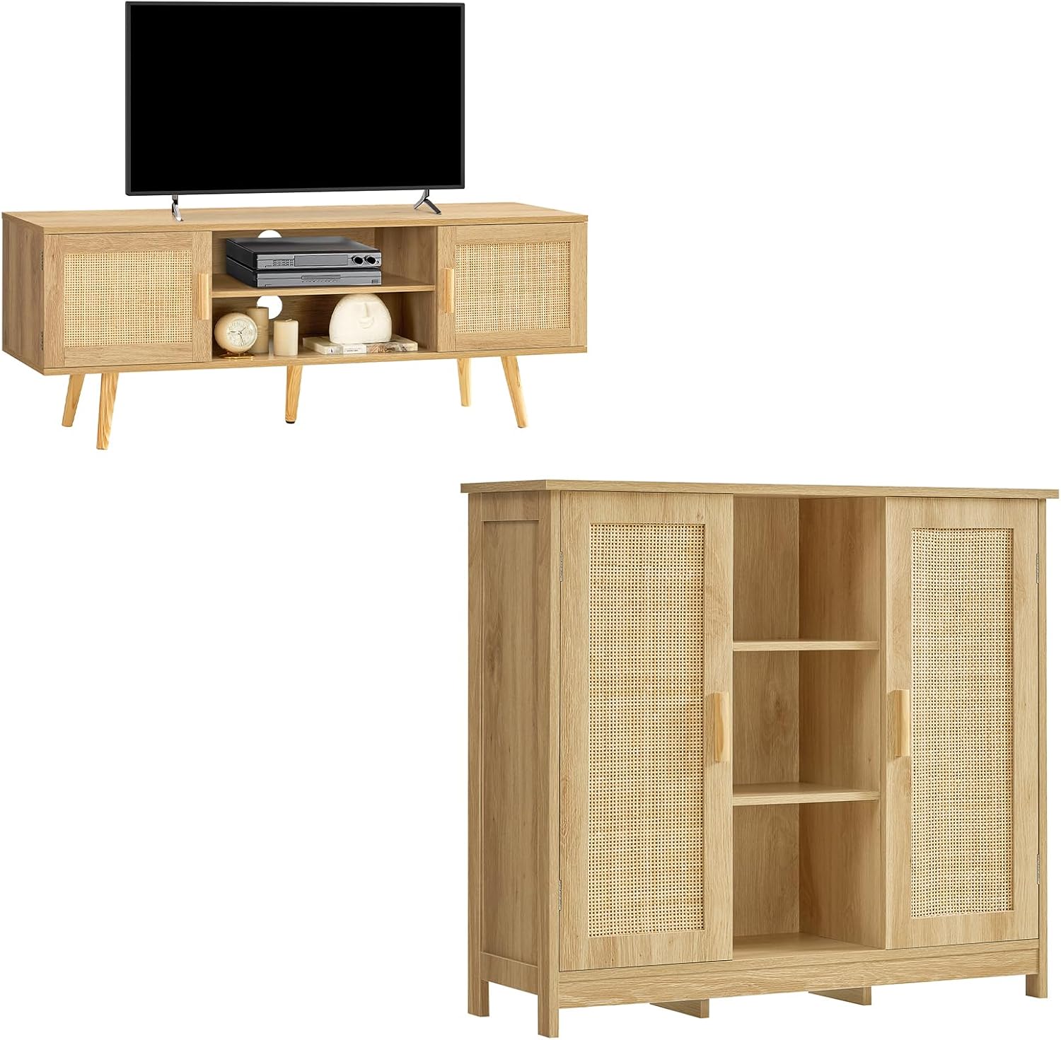 Amazon.com: Iwell Rattan TV Stand for 55 Inch TV, Entertainment Center ...