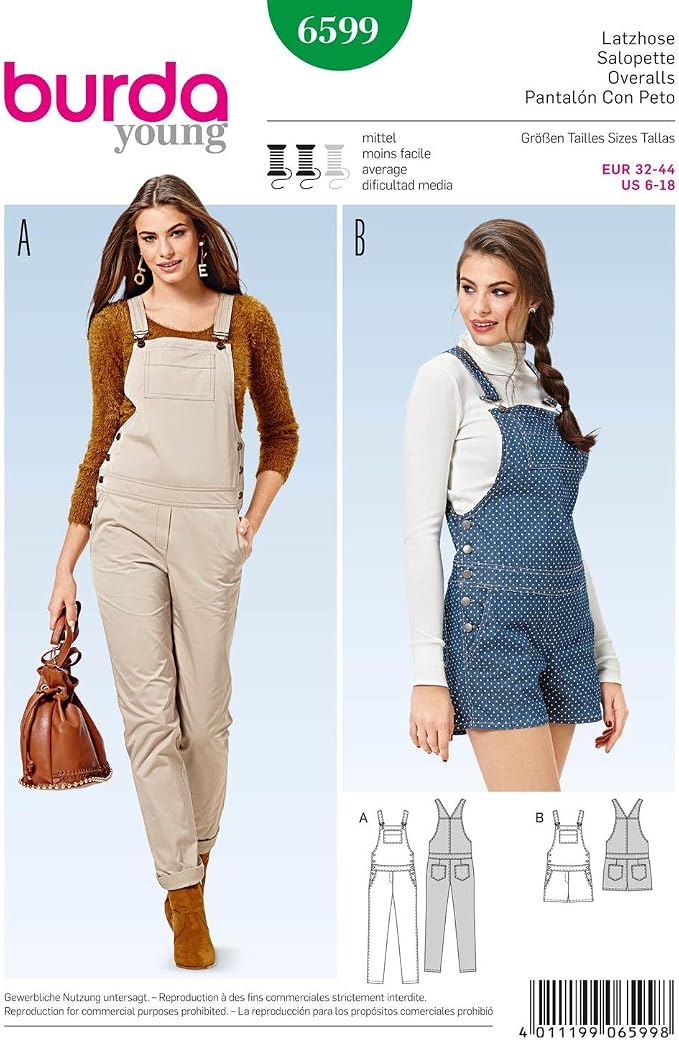 Amazon.com: Burda B6599 Overalls Sewing Pattern, White Paper Template ...