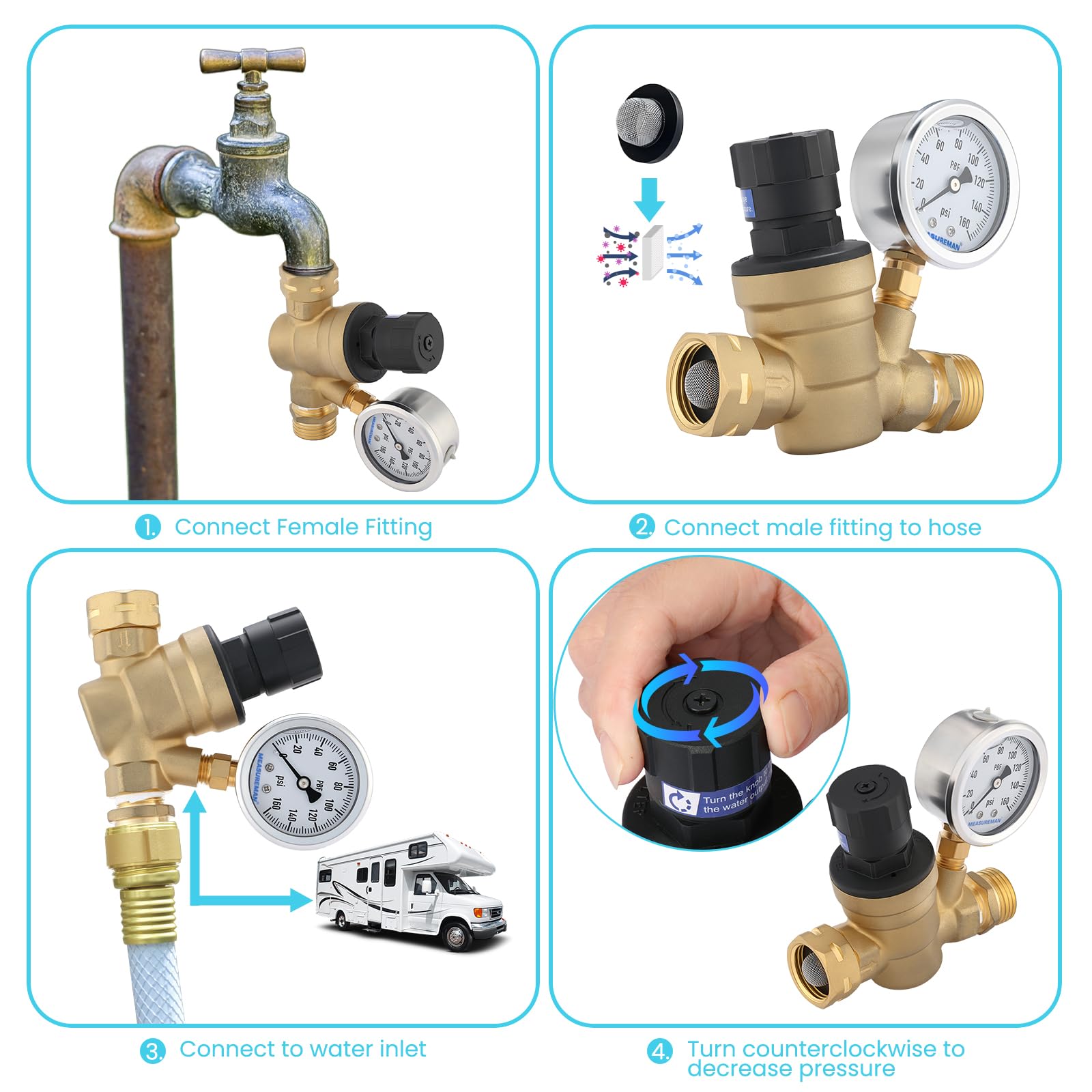 Snapklik.com : MEASUREMAN Adjustable Lead-Free Brass RV Water Pressure ...