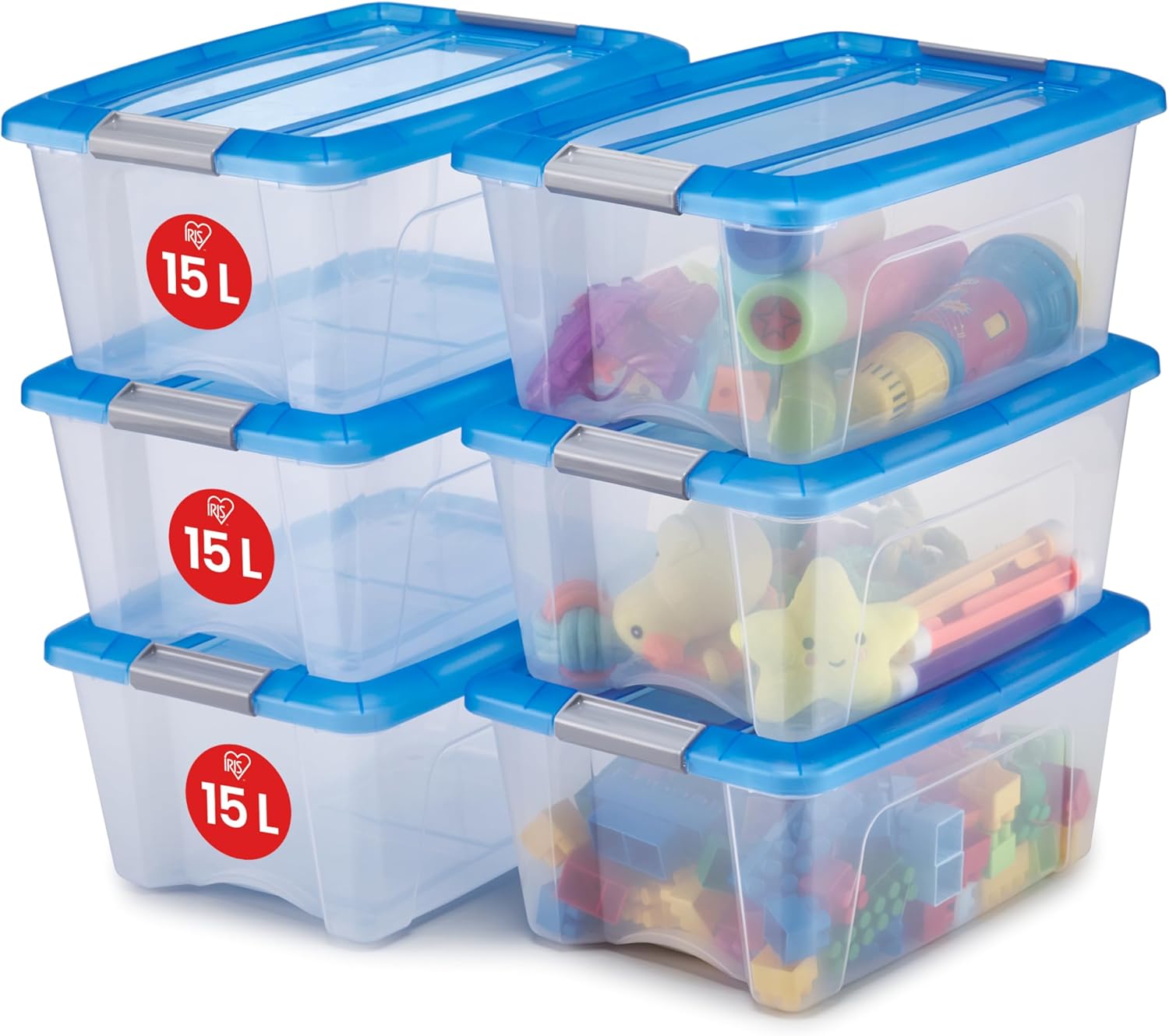 Iris Ohyama Storage Boxes with Lids, 15L, Set of 6, Blue, Secure ...