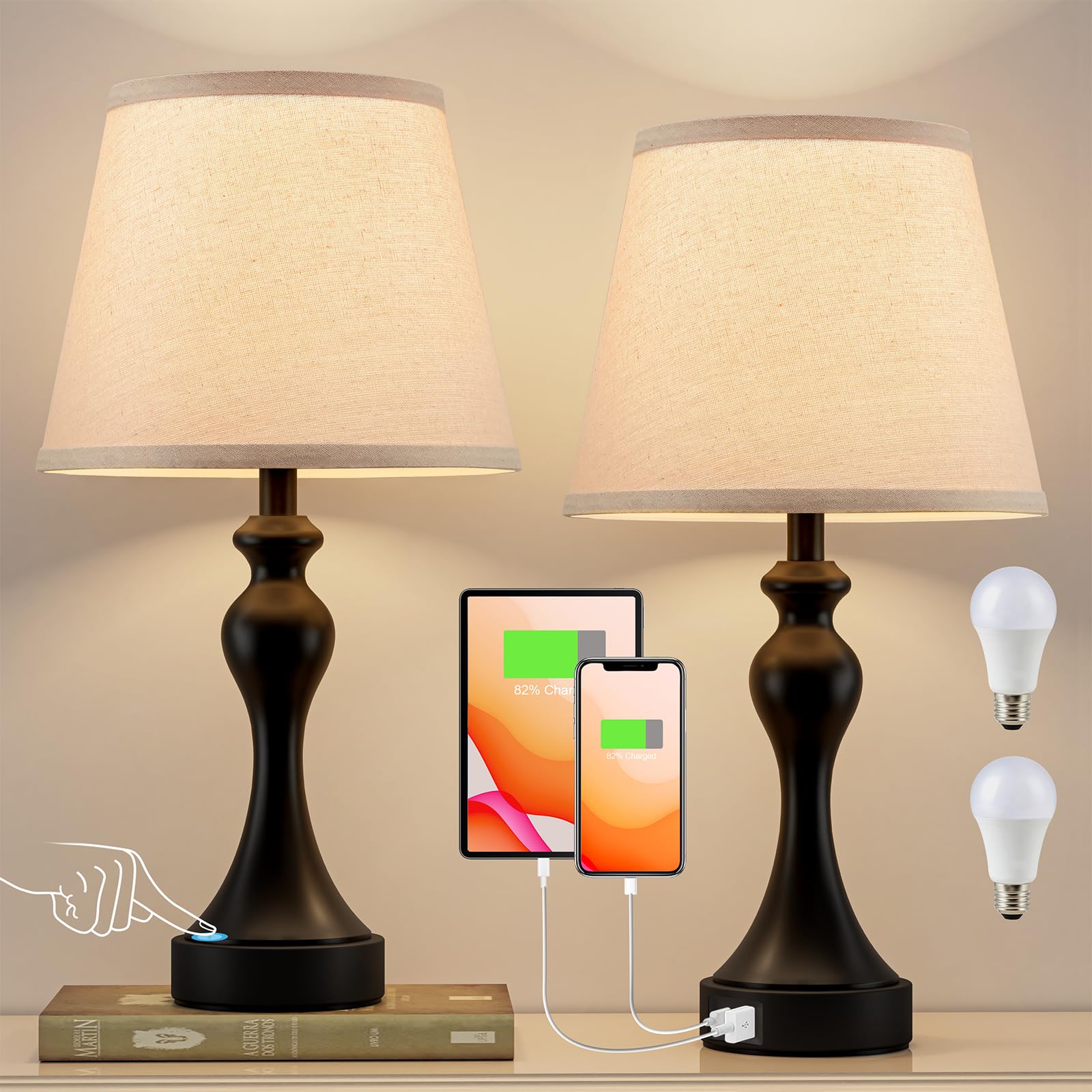 Seealle Touch Lamps for Nightstand - Bedside Lamps Set of 2, 3 Way ...